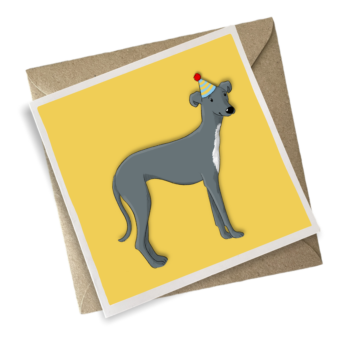 Whippet Birthday Card and Hanging Decoration – a dog walker draws